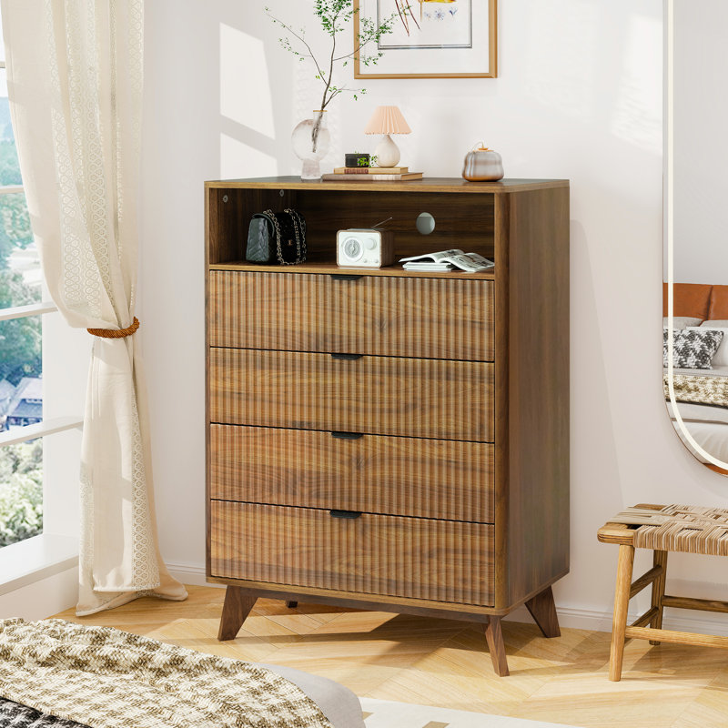 Dresser 4 Drawer Tall Chest of Drawers for Bedroom Vintage Style Furniture for Closet Nightstand 43.63 H x 31.5 W x 15.35 D George Oliver
